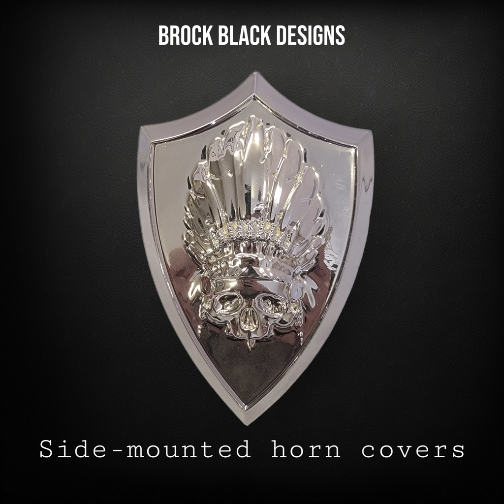 Side-mounted horn covers with skull warbonnet theme – Brock Black Customs