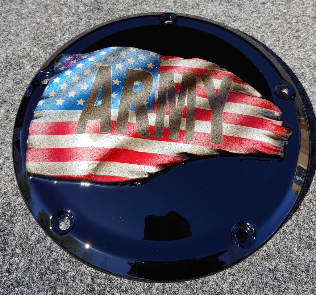 Army Tattered flag Harley derby cover black background – Brock Black ...