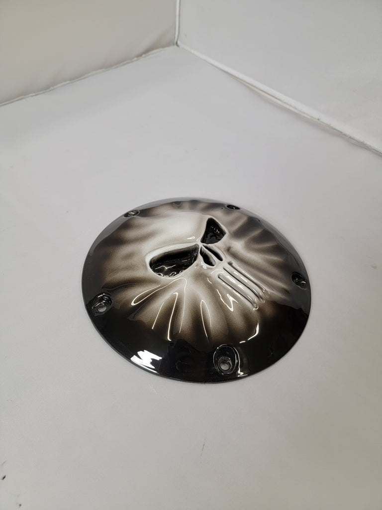 Punisher stretching through Harley derby cover – Brock Black Customs