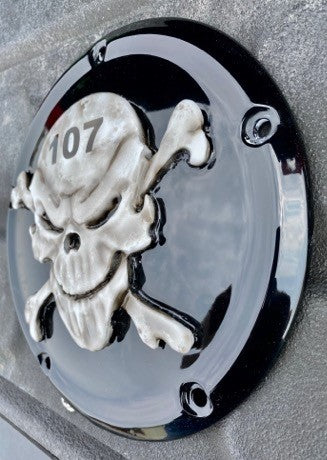 3D skull and crossbones Harley Derby cover – Brock Black Customs