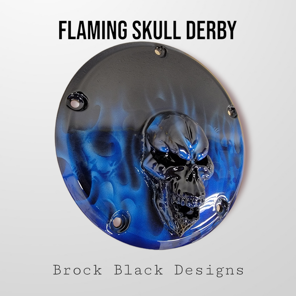 Harley Derby Cover Flames and skulls – Brock Black Customs