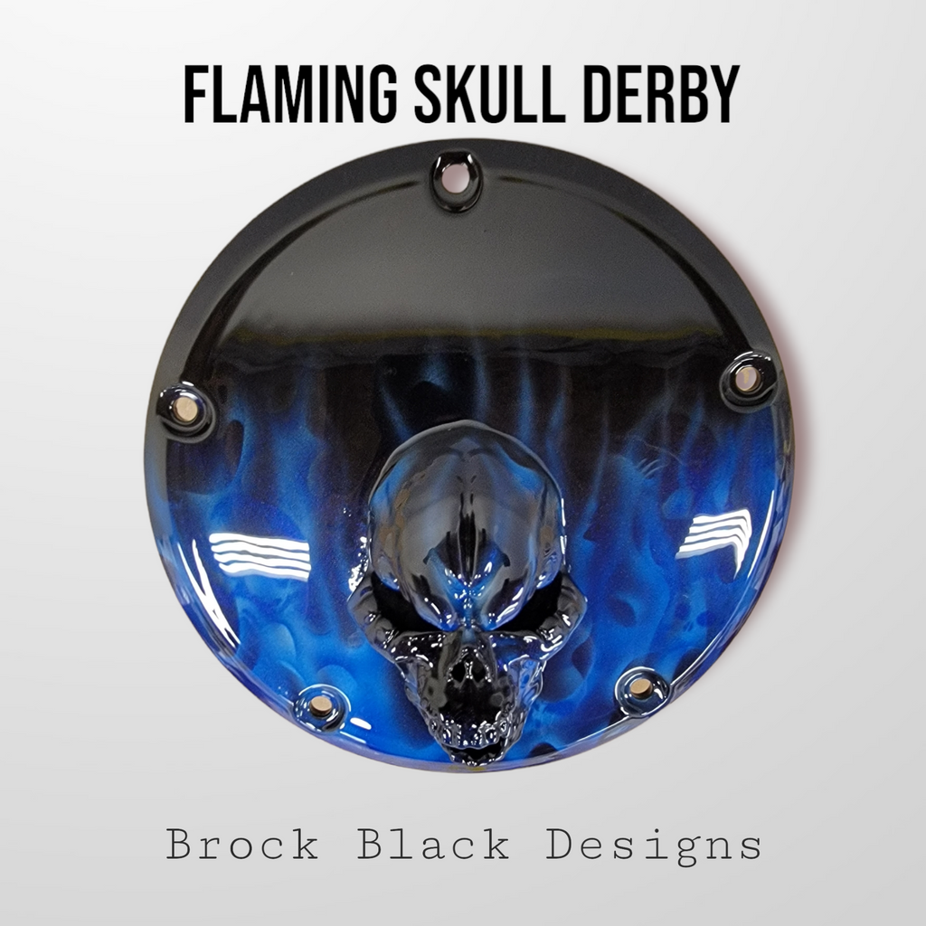 Harley Derby Cover Flames and skulls – Brock Black Customs